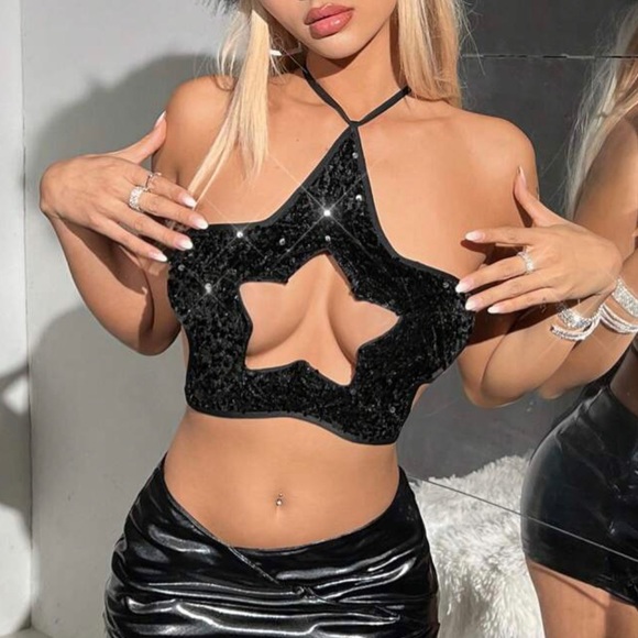 Amazon | Tops | Black Sequin Star Cutout Backless Festival Top | Poshmark
